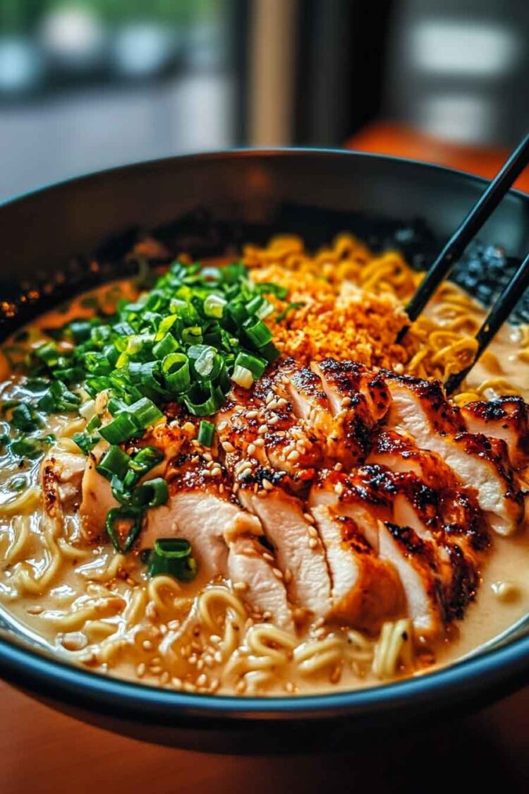 Fiery Chicken Ramen with Creamy Garlic Sauce