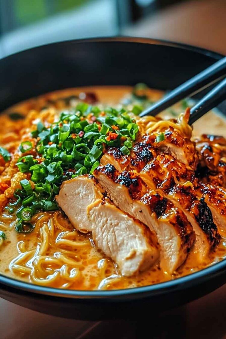 Fiery Chicken Ramen with Creamy Garlic Sauce